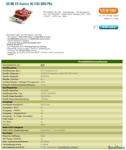 AMD 첫 40nm HD 4750, 독일 판매사이트에 등장:: 보드나라