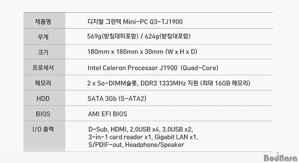 베이트레일 기반 슬림형 베어본, 디지탈그린텍 Mini PC Q3-TJ1900 출시:: 보드나라