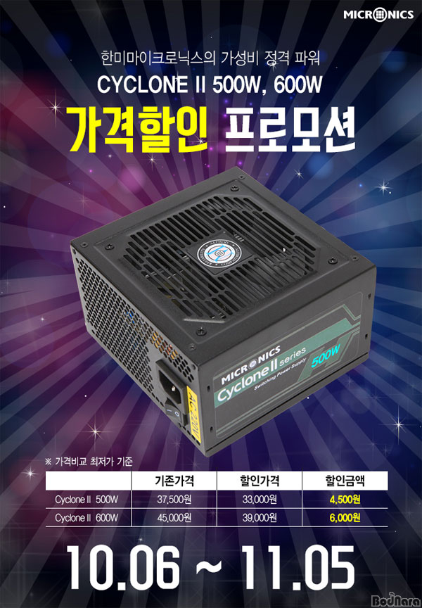 한미마이크로닉스, Cyclone II 500W/ 600W 최대 15% 가격할인 프로모션 실시:: 보드나라