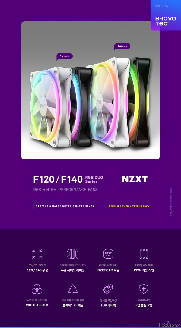 브라보텍, NZXT F120/F140 RGB DUO 시리즈 양면 RGB LED 튜닝 탑재 FDB 팬 쿨러 출시:: 보드나라