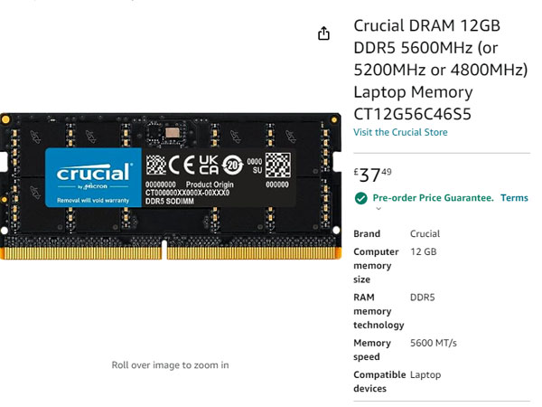 크루셜, 노트북용 DDR5 12GB SO-DIMM 출시 예정:: 보드나라