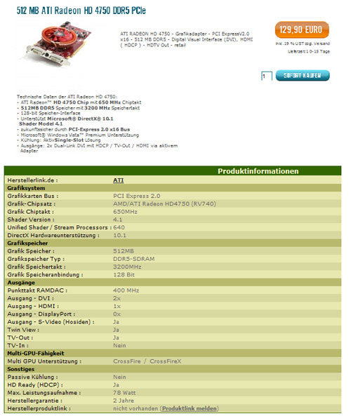AMD 첫 40nm HD 4750, 독일 판매사이트에 등장:: 보드나라